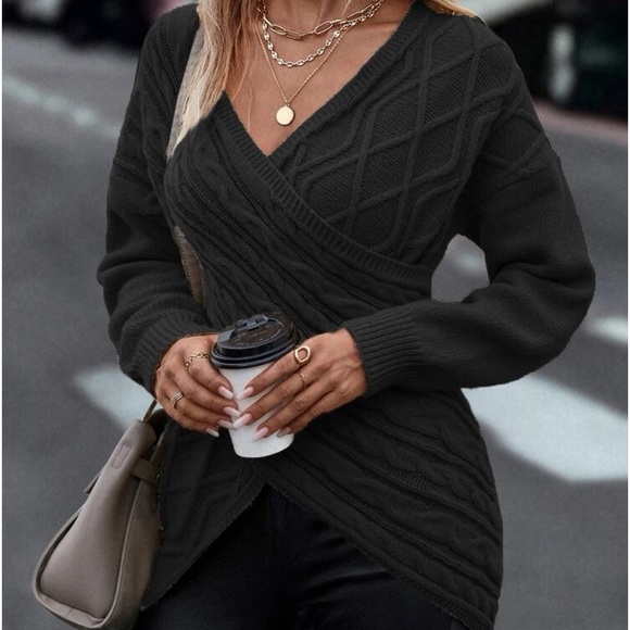 Delilah Wear | Sweaters | New V Neck Black Crossover Cable Knit Sweater ...